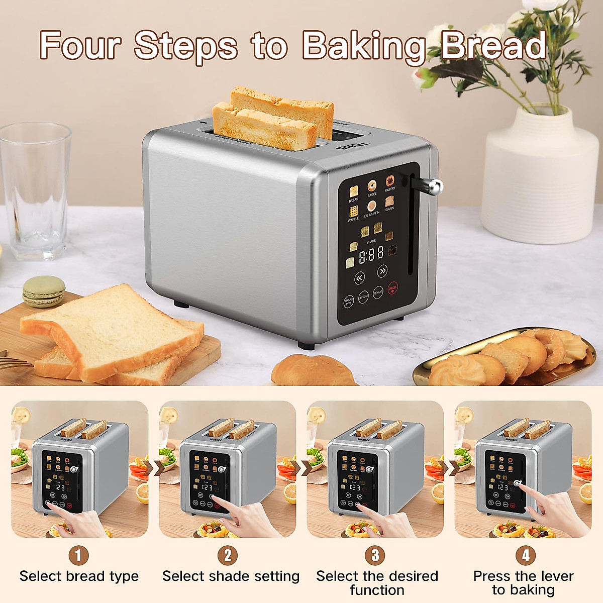 WHALL Touch Screen Toaster 2 Slice, Stainless Steel Digital Timer Toaster with Sound Function, Smart Extra Wide Slots Toaster with Bagel, Cancel, Defrost, 6 Bread Types & 6 Shade Settings