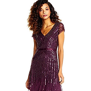 Adrianna Papell Women's Long Beaded V-Neck Dress with Cap Sleeves and Waistband, Cassis, 10