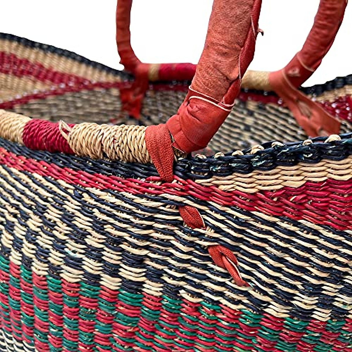 Deluxe Colorful African Shopping Basket - Large 18" U-shape - by market women in Bolgatanga, Ghana with Africa Heartwood Project - GBLSC (Flat-packed)