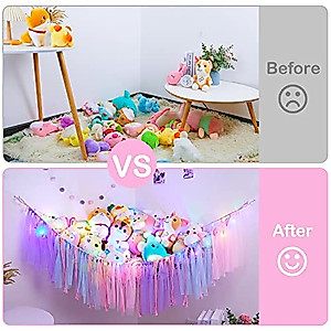 Unicorn Castle Stuffed Animals Hammock Net Kids Toy Storage With Led Light Stuffed Animals Holder Coner Hanging Toy Organizer For Nursery Kids Cute Room Decor
