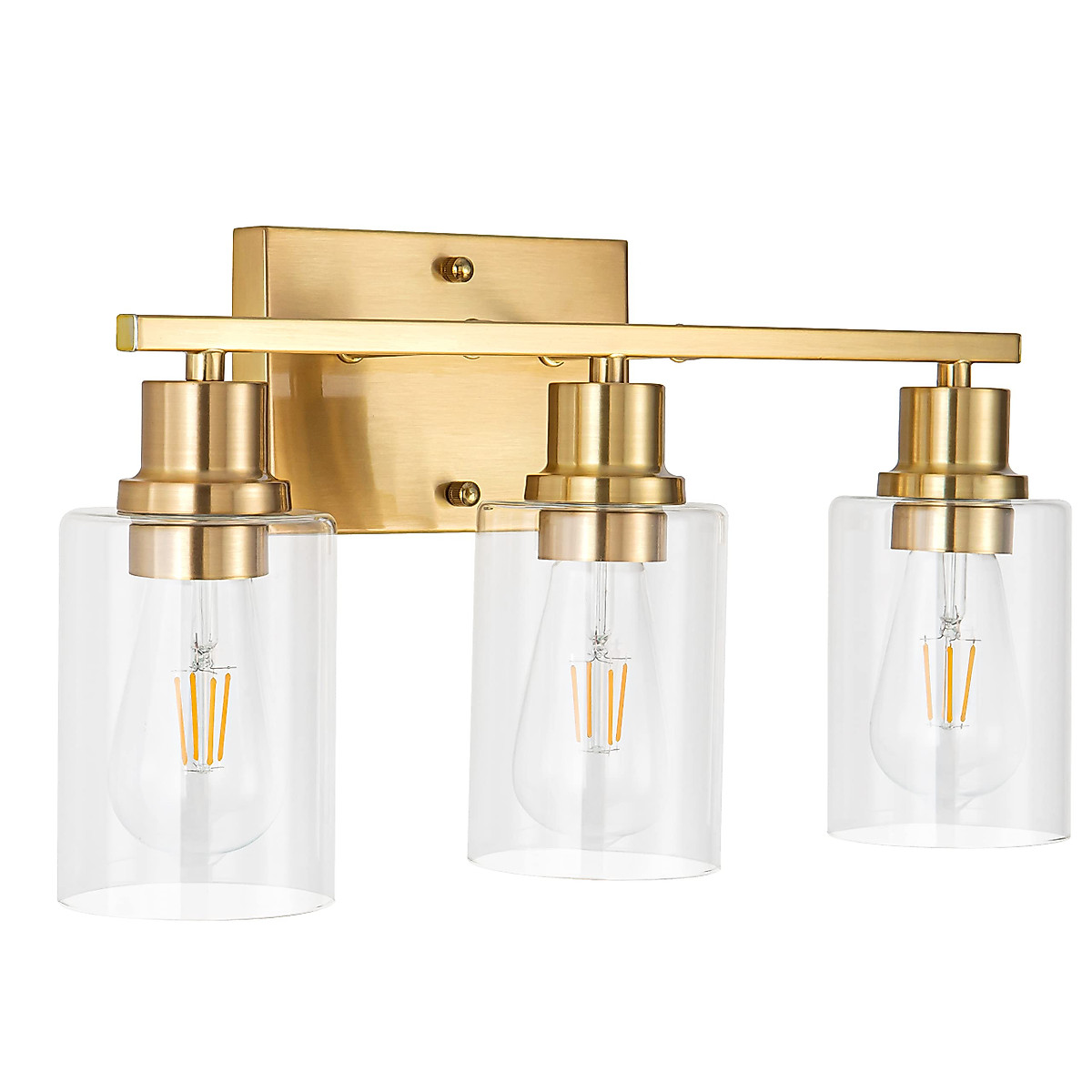 EMONG Gold Bathroom Light Fixtures, 3-Lights Vanity Light with Clear Glass Shade, Brushed Brass Wall Sconce for Hallway, Farmhouse, Living Room