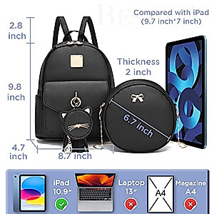 BESYIGA Girls Small Kitty Backpack 3 PCS Leather Backpack Purse for Women Travel Bag Kids Backpack Mini Backpack for Girls