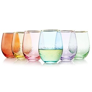 Hand Cut Stemless Wine Glasses - Set of 6 - Gold Rim, Crystal Colored Wine Glasses - Wine Tumblers for Red and White Wine, Water Glasses, Drinking, Elegant Vintage Gilded Art Deco 15 oz Vibrant Glass