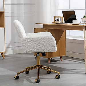 Modern Swivel Home Office Chair,Artificial Rabbit Hair Computer Chair Desk Chair Ergonomic Office Chair Adjustable Office Desk Chair with Golden Base & Wheels Vanity Chair for Home Office (Beige)