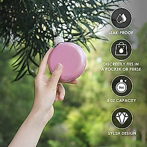 Cute Liquor Flask for Women, Junya 304 Stainless Steel,Pretty Glitter Coating Whiskey Flasks,Shining Rhinestone Cap,Portable Wine Flask for Drink Bar BBQS and Traveling,Capacity 5 oz (Pink)