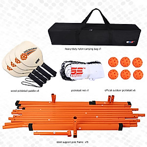 GSE Games & Sports Expert Portable Pickleball Net Set for Driveway with 22FT Regulation Size Net, 4 Paddles, 6 Outdoor Pickleballs, and Carrying Bag, Weather Resistant Metal Frame (Orange)