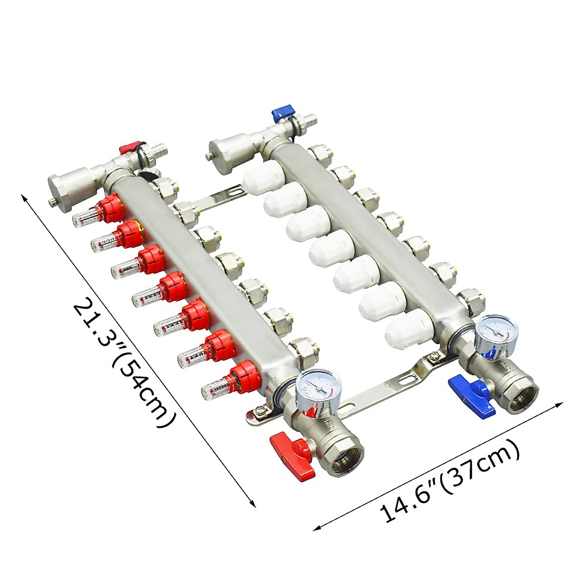 INTBUYING 7-Loop 1/2" Radiant Floor Heating Manifold Set NPT 1" Stainless Steel Radiant High-flow Floor Heating Set with Flow Meters For Hydronic Radiant Floor Heating