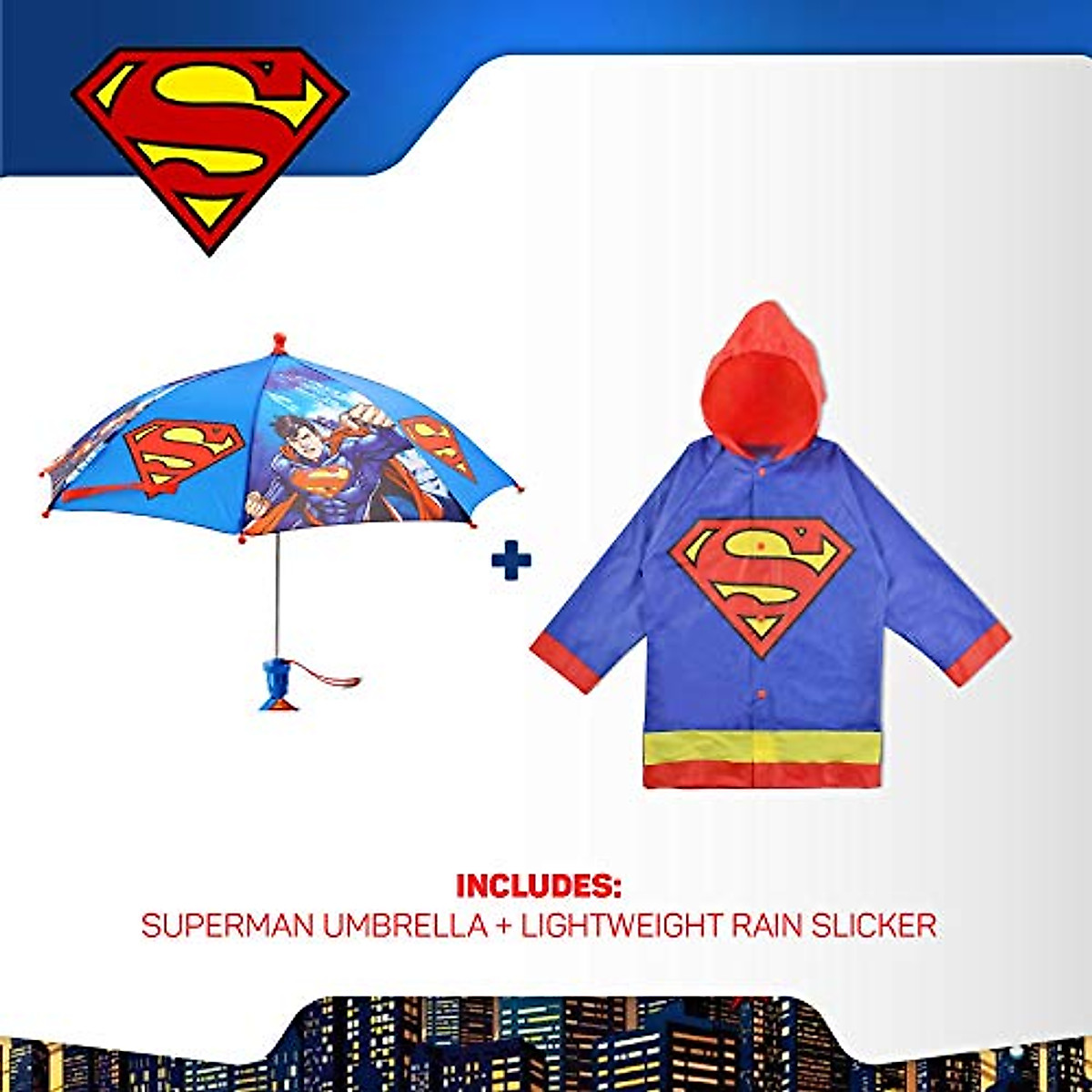DC Comics Kids Umbrella and Poncho Raincoat Set, Batman & Superman Boys Rain Wear for Toddler 2-3 or Kids 4-7