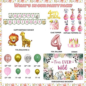 Fiesec Four Ever Wild Birthday Decorations Girl, Jungle Safari Animal Theme 4th Party Decorations Backdrop Balloons Garland Banner Cake Cupcake Topper Poster Crown Lion Cheetah Giraffe Pink 117 PCs