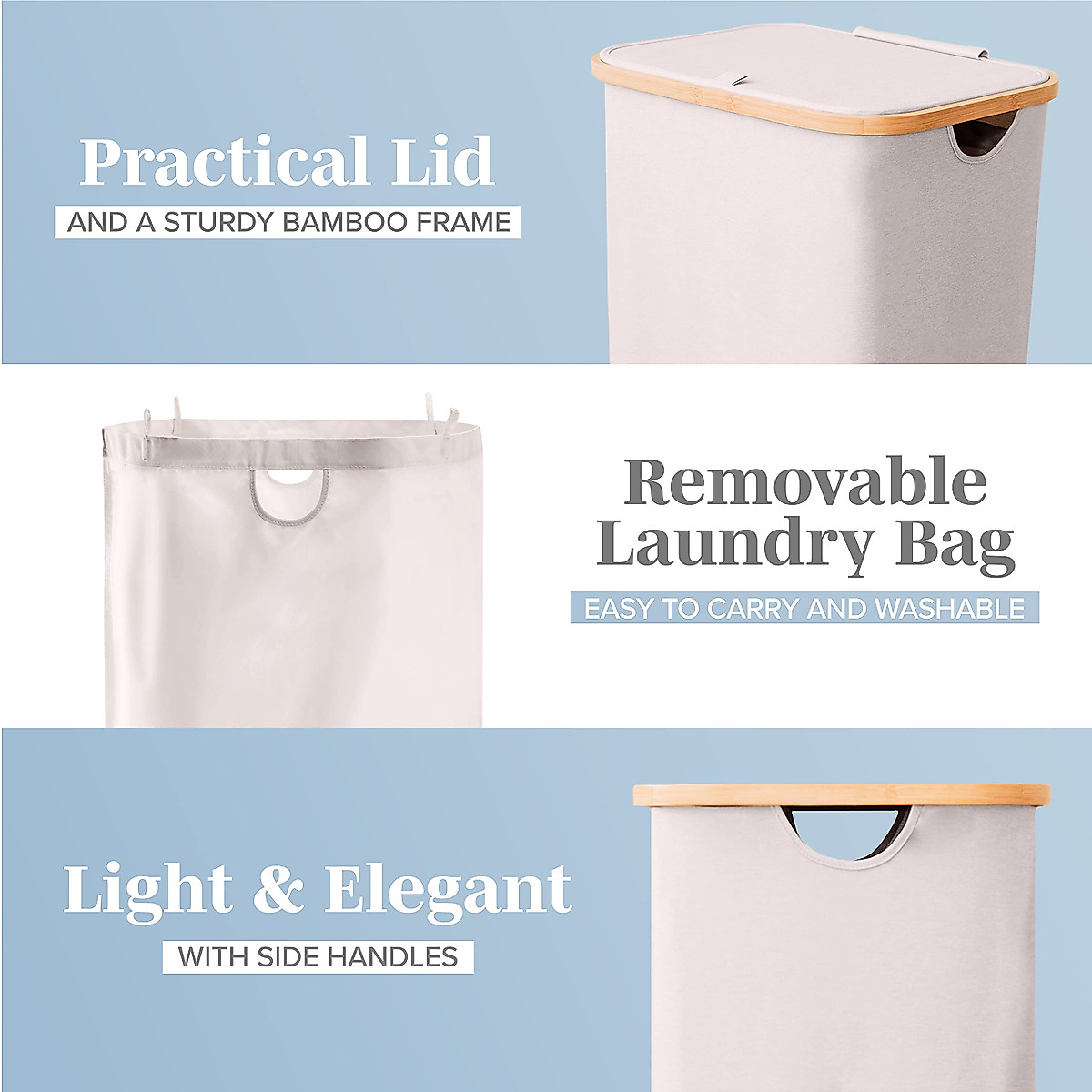 Lonbet - Laundry Hamper with Lid Cover - Sturdy Tall Bamboo Laundry Basket Clothes Organizer - Aesthetic Bedroom Fabric Bin - Big Bathroom Dirty Clothes Hamper - Removable Bag - XL 100 Liters - Beige