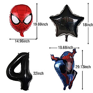 KAREENA 6PCS Superhero Spiderman themed 4th Birthday Decorations Black Number 4 Balloon 32 Inch | The Balloons for Kids Baby Shower Party (Spiderman Birthday)