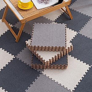 Interlocking Plush Puzzle Foam Floor Mat Carpet Tiles with Border,12x12in Square Soft Fluffy Playmat Area Rug,DIY Cuttable Anti-Slip Washable Split(Size:9pcs,Color:Dark Gray+Light Gray+Beige)