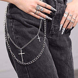 Tgirls Punk Goth Pant Hip Hop Pocket Jean Acrylic Wallet Layered Keychains Belt Trouser Chains for Women and Men (2 layer-Cross)