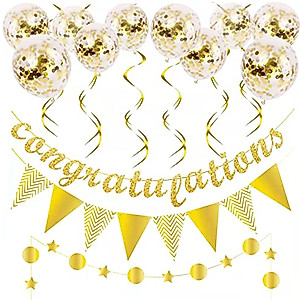 M2YL1DAO Gold congratulations Decorations Set - Gold Glittery congratulations Banner,vintage style pennant，Star and Circle Dots Garland,gold hanging swirls， Gold Confetti Balloons。Graduation , Retirement， Wedding， Birthday， Party photo background fo