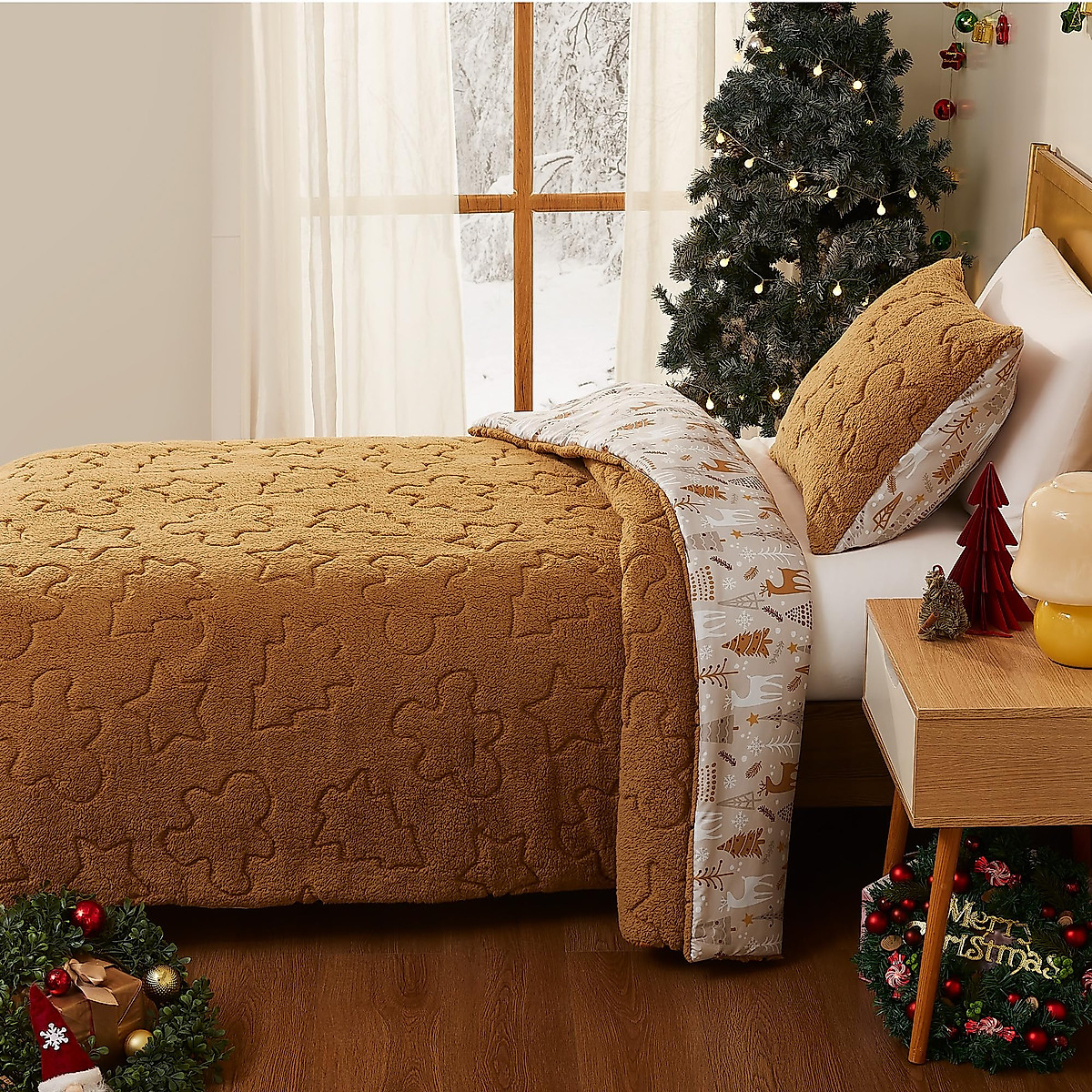 Wink Deer Plush Sherpa Twin Comforter Set for Girls Boys,Fluffy Gingerbread Man Brown 2-Piece Reversible Kids Bedding Set with Cute Prints, Soft and Warm Comforter for Winter