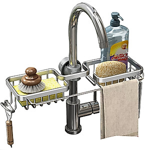 SIMCAS Sponge Holder for Kitchen Sink, Over The Sink Shelf Sponge Caddy, Stainless Detachable Faucet Drain Rack for Kitchen Sink Organizer and Storage, Bathroom (Double with Dishcloth Rack, Silver)