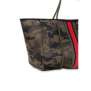 Haute Shore - Greyson Soho Neoprene Tote Bag w/Zipper Wristlet Inside, Green Camo W/Olive, Black, & Red Stripe