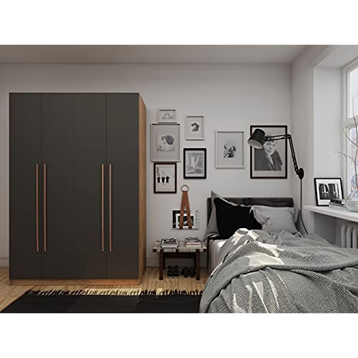 Manhattan Comfort Gramercy Mid Century Modern 2-Section Freestanding Wardrobe Armoire Closet, Nature and Textured Grey