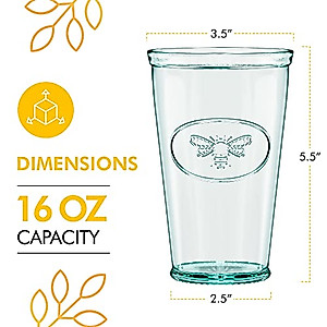 Amici Home Bee Hiball Glass | 16 Oz | Italian Made, Recycled Glass with Green Tint | Drinking Glass with Embossed Bee Design for Water, Juice, Cocktails (Set of 6)