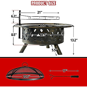 Aoxun Fire Pit 30in with Grill Outdoor Wood Burning 2 in 1 Fire Pit with Fire Poker (Black)