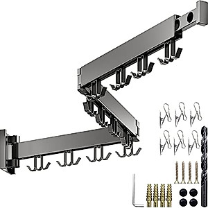 Kenvc 【Upgrade】 Wall Mounted Clothes Drying Rack,Laundry Drying Rack Wall Mount,Drying Rack Clothing for Laundry,3-Pole Collapsible,Retractable Clothes Drying Rack for Laundry,24 Hooks (Black)