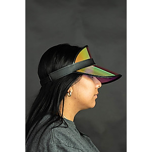 Nicky Bigs Novelties Clear Holographic Iridescent Mirrored Metallic Colored Plastic Sun Visor Tennis Beach Vegas Dealer Golf Hat, Oil Slick