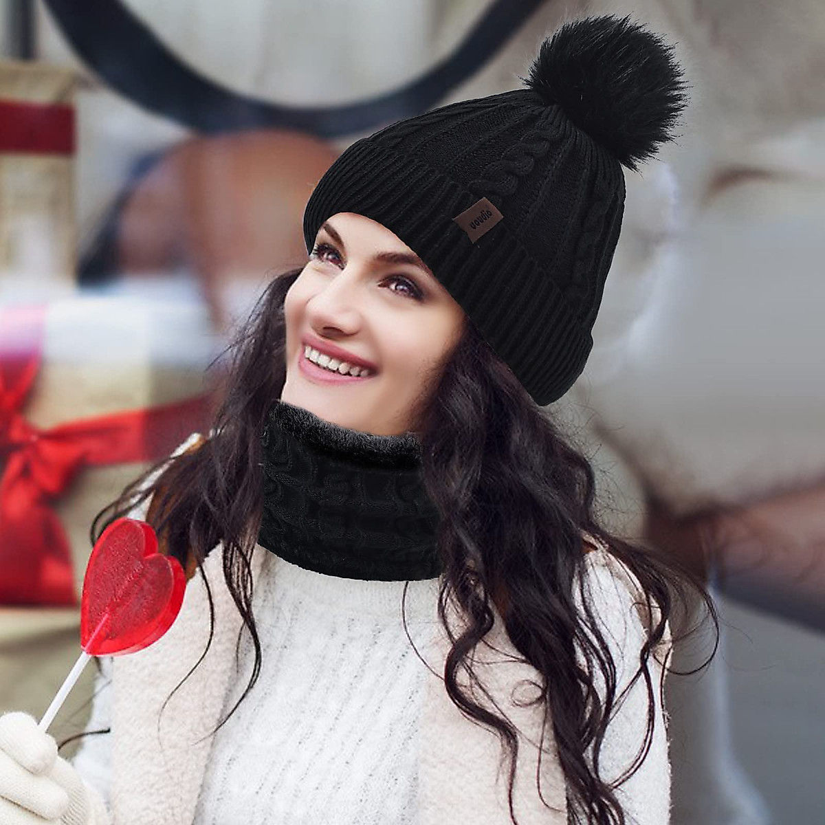 Knit Balaclavas Pom Beanie Hat Scarf Set for Womens Mens Winter Ski Hat Slouchy Skull Cap with Fleece Lined Black