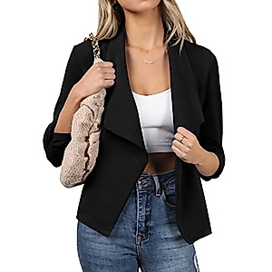 DOUBLJU Women's Casual Work Ruched 3/4 Sleeve Open Front Blazer Jacket with Plus Size Black