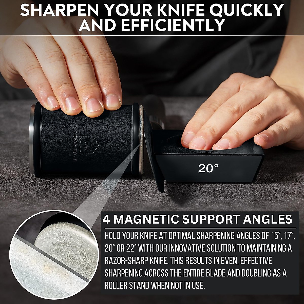 Black Roller Sharpener for Knives with Leather Strop - Knife Sharpener Kit with 15, 17, 20 & 22 Degree Angles - Roller Knife Sharpening System Stand, Holder & Eraser
