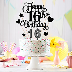 16th Birthday Cake Decorations Set Include 16th Birthday Candles Numeral 16 Cake Candles and Happy 16th Birthday Cake Toppers with Heart Star Cupcake Picks for Birthday Party (Black Series)