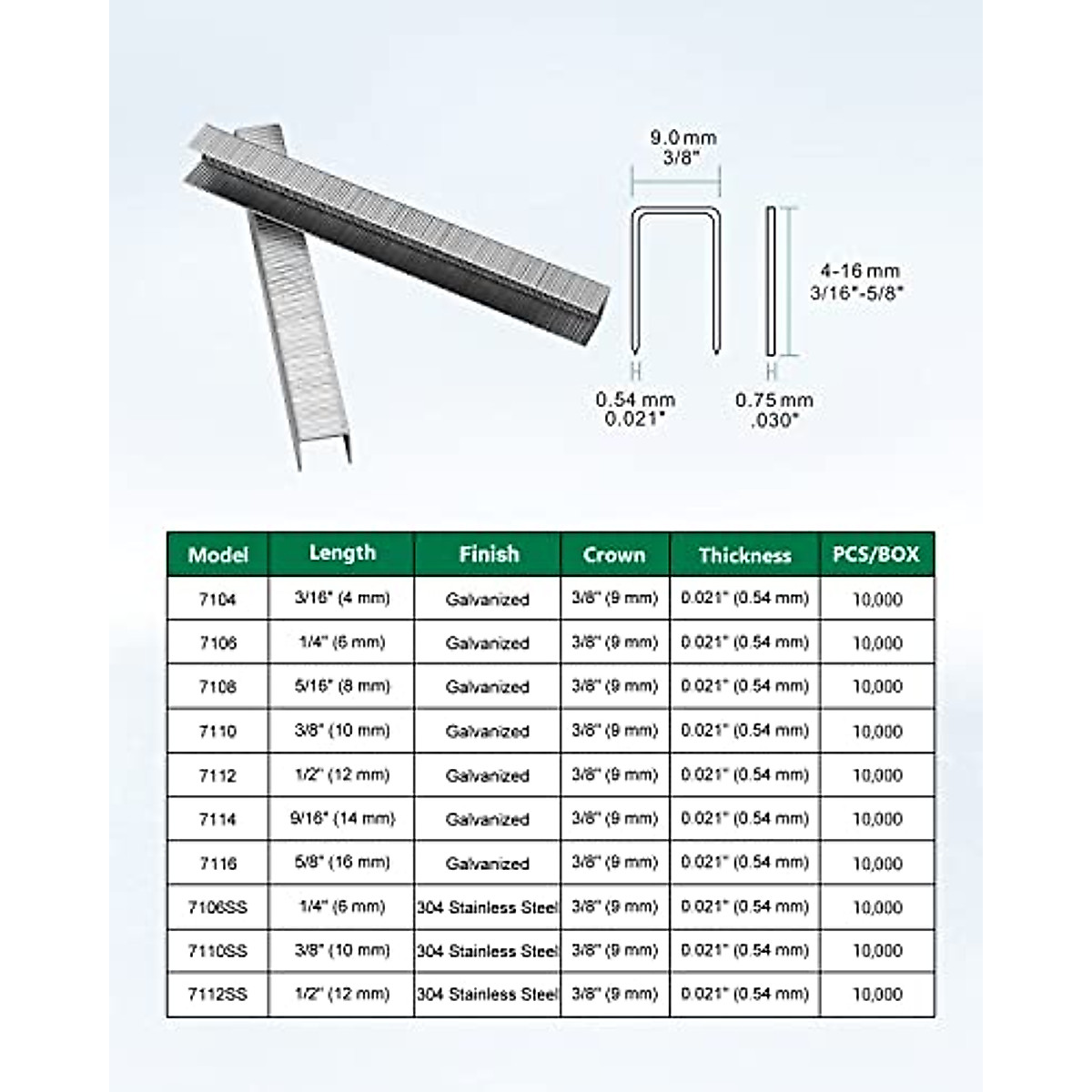 meite 22G71S38 22 Gauge 71 Series 3/8" Crown Wide 3/8" Leg Length Galvanized Staples for Upholstery Stapler 10,020 PCS/Box (1 Box)