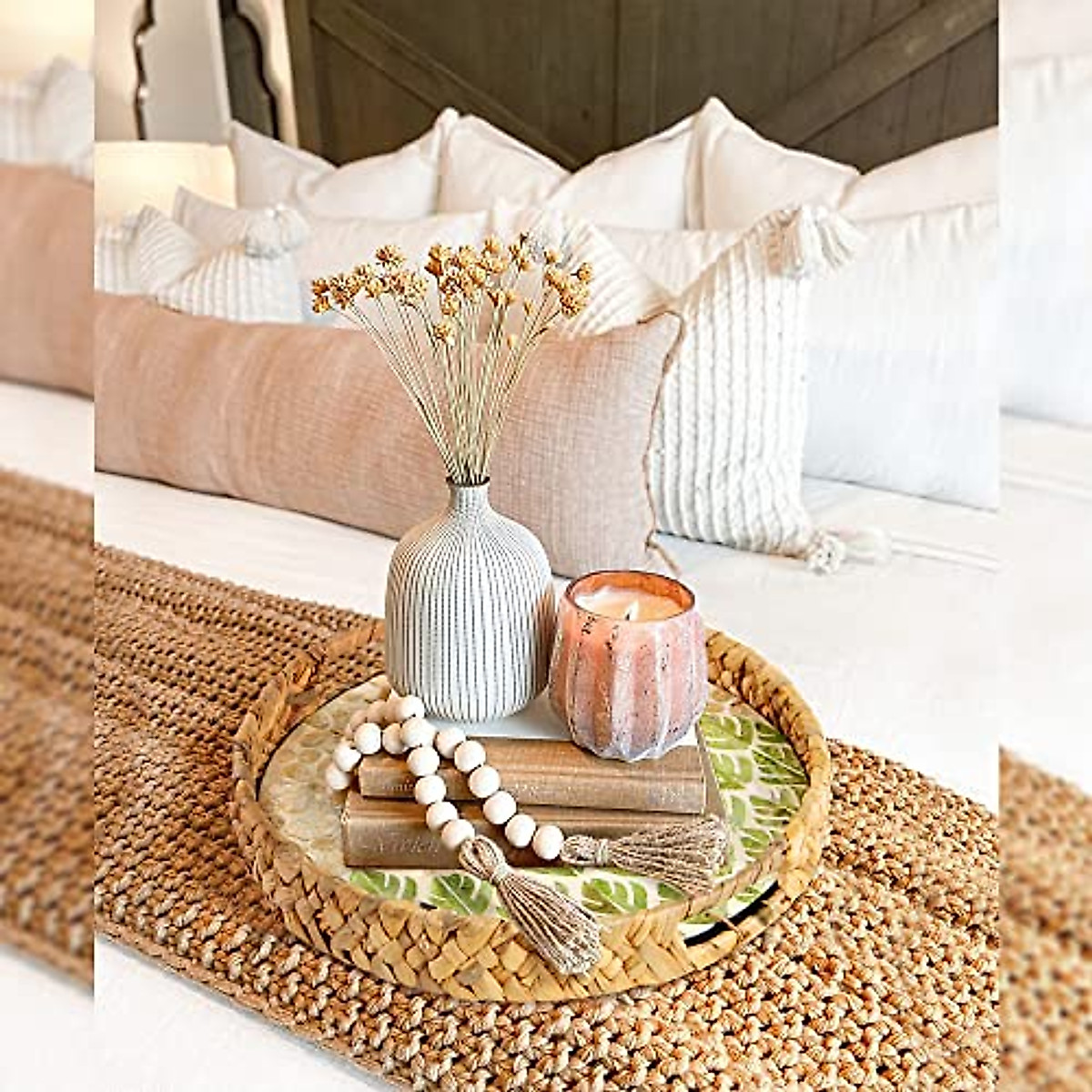 MadeTerra Round Seagrass Tray with Mother of Pearl Inlay Wooden Base Insert Handle, Decorative Nacre Serving Basket for Breakfast, Food, Coffee Table Decor, Decoration, Storage and Display (Set 2)