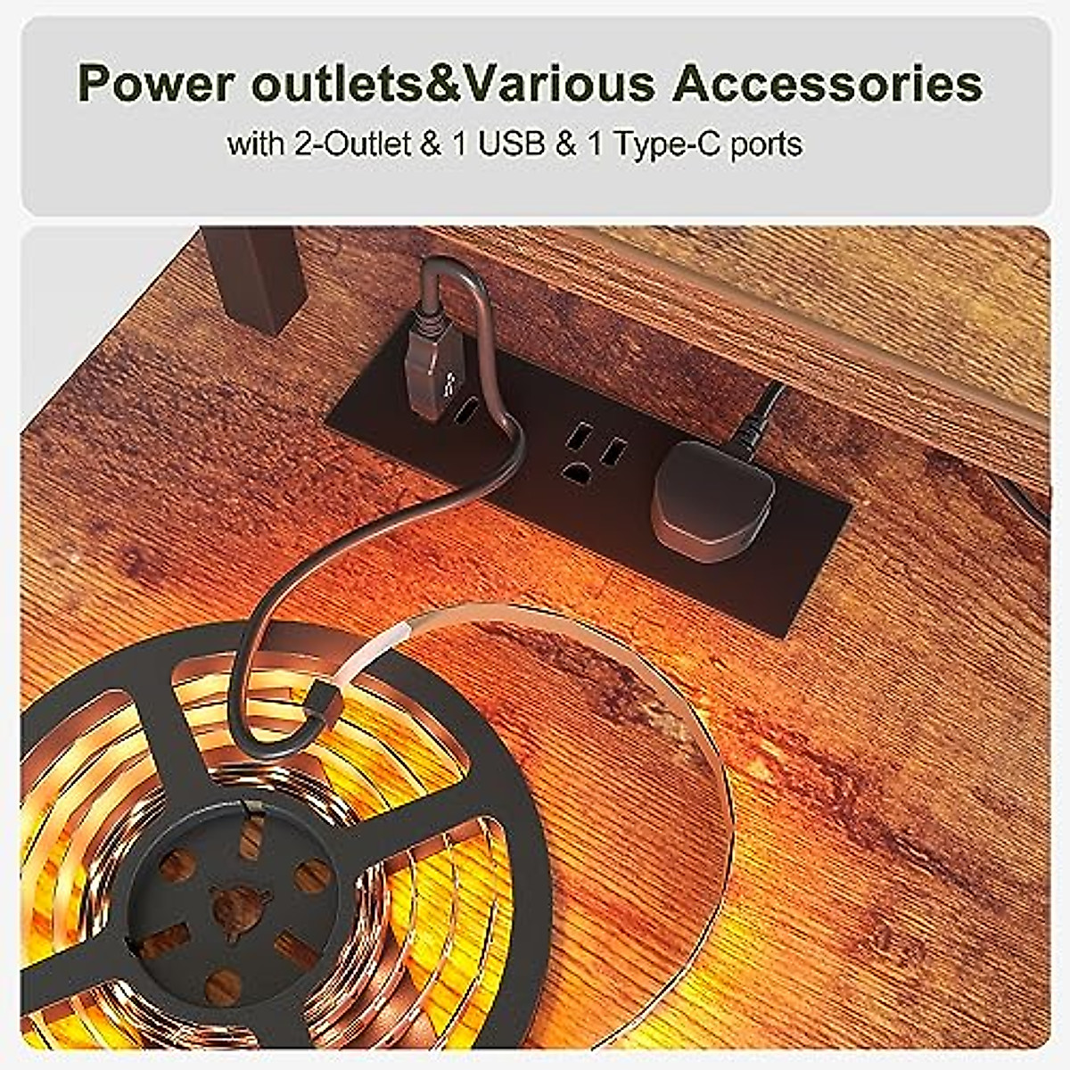 BANTI Triple Motor 63'' L-Shaped Standing Desk with LED Light Strip and Power Outlet, Height Adjustable Standing Corner Desk with Double Shelves, Rustic Top