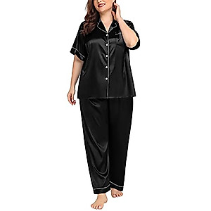 SWOMOG Women's Plus Size Pajamas Silk Satin Pajama Set Short Sleeve Shirt with Full-Length Pants Pj Set Soft Sleepwear 22W Black