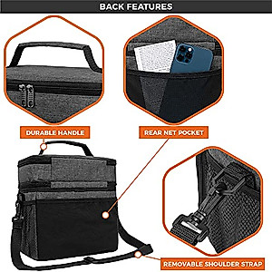 opux Insulated Lunch Bag for Men Women, Large Dual Compartment Cooler Bag, Soft Two Deck Lunch Box for Work School Picnic, Leakproof Lunch Tote with Strap for Kid Adult (Charcoal Gray, Double Deck)