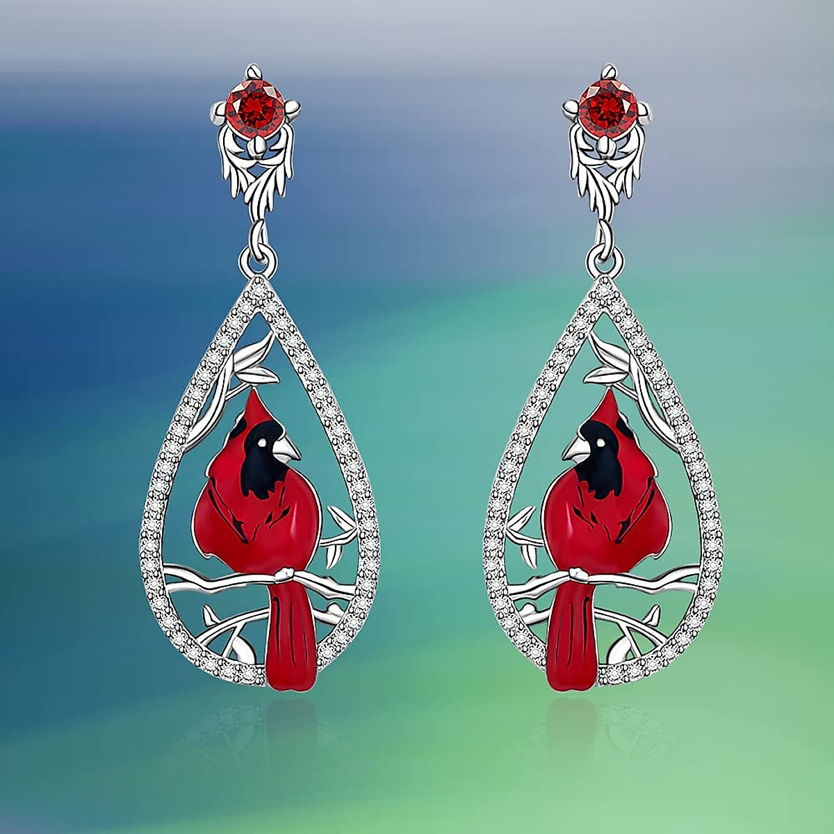 Cardinal Earrings for Women S925 Sterling Silver Teardrop Dainty Cute Dangle Drop Piercing Stud Red Fashion Hypoallergenic Crystal Ruby Animal Bird Valentine's Day Jewelry