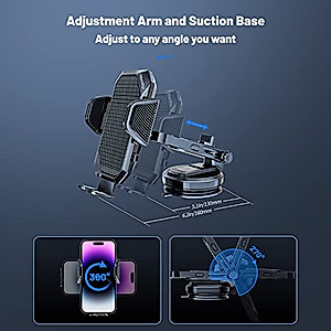 Homhu Phone Mount for Car [Off-Road Super Suction ] Universal Holder 4in1,Long Arm Cup Holder,Dashboard Windshield Vent Compatible with iPhone Samsung All Smartphones, Black, (HZ001)