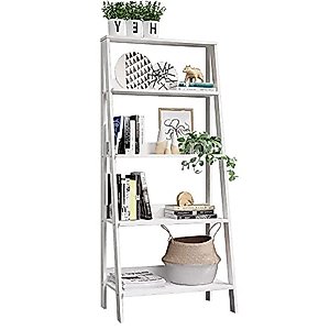 Madesa 5-Tier Ladder Shelf with Storage Space, Free Standing Bookshelf, Wood, 15" D x 24" W x 55" H – White