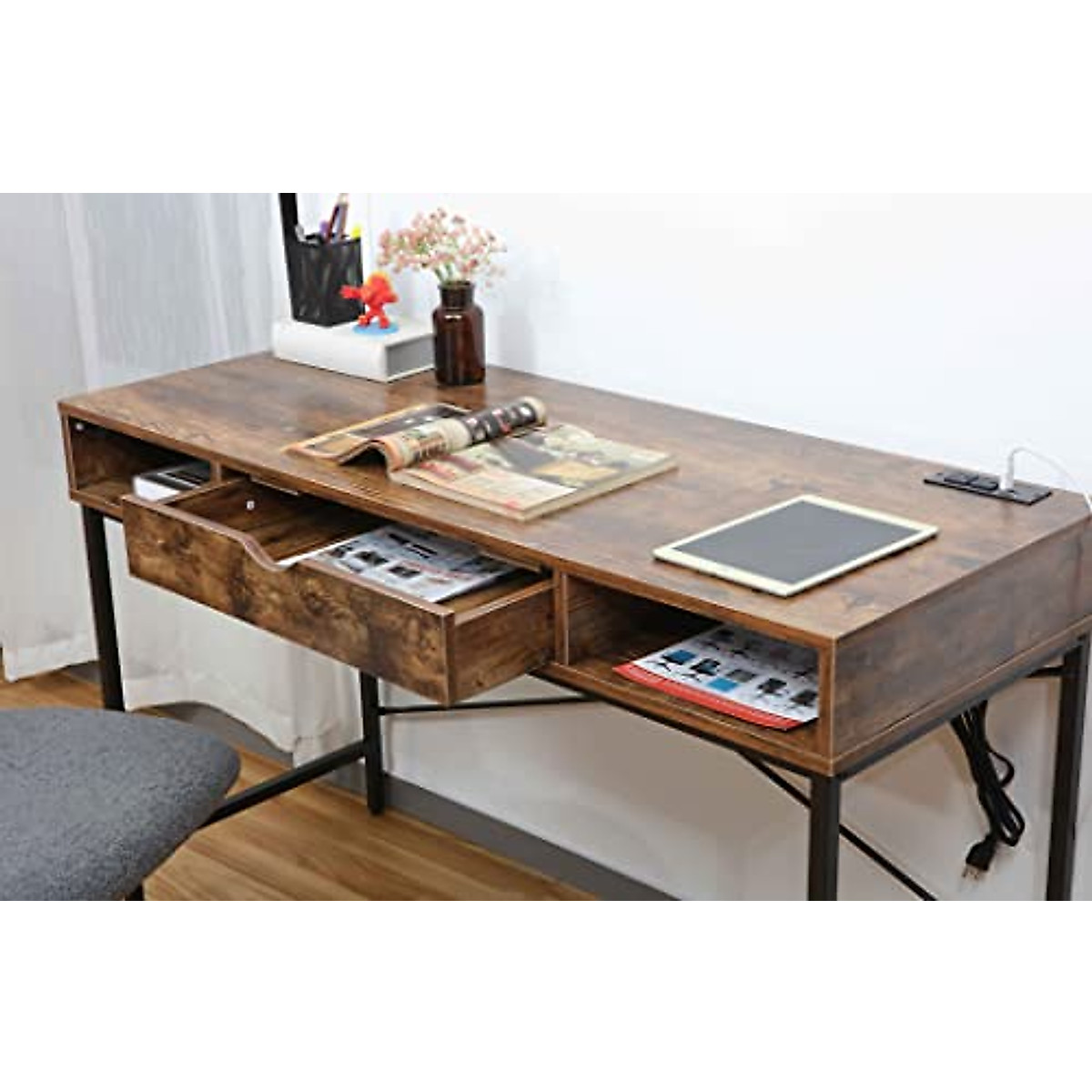 JJS 48' Writing Desk with Power Outlet, Home Office Contemporary Large Computer Desk Laptop Workstation with Drawer USB Ports Charging Station, Rustic Brown