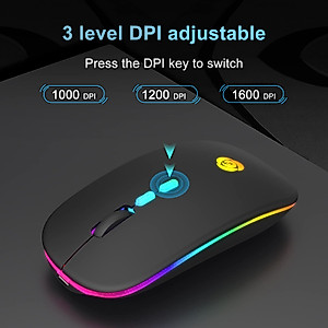 CC Store LED Wireless Bluetooth Mouse &2.4GHz Instant Connection,Rechargeable Ultra Silent Slim,3 Adjustable DPI 2 Connection Modes with USB-C to USB Adapter for Laptop/MacBook/PC/Tablet/iPad (Black)