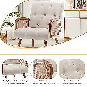 POINTANT Rattan Accent Chair Modern Chair with Rattan Arms Reading Side Mid Century Chair Living Room Chair Boho Chair with Wooden Frame for Home Bedroom Beige