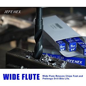 Jefe Hex Reduced Shank Industrial Drill Bit, 5/8 Inch Silver and Deming Drill Bits, HSS Black Oxide Finish Drill Bits, 135-Degree Split Point, Zinc Alloy, Wood and Plastic