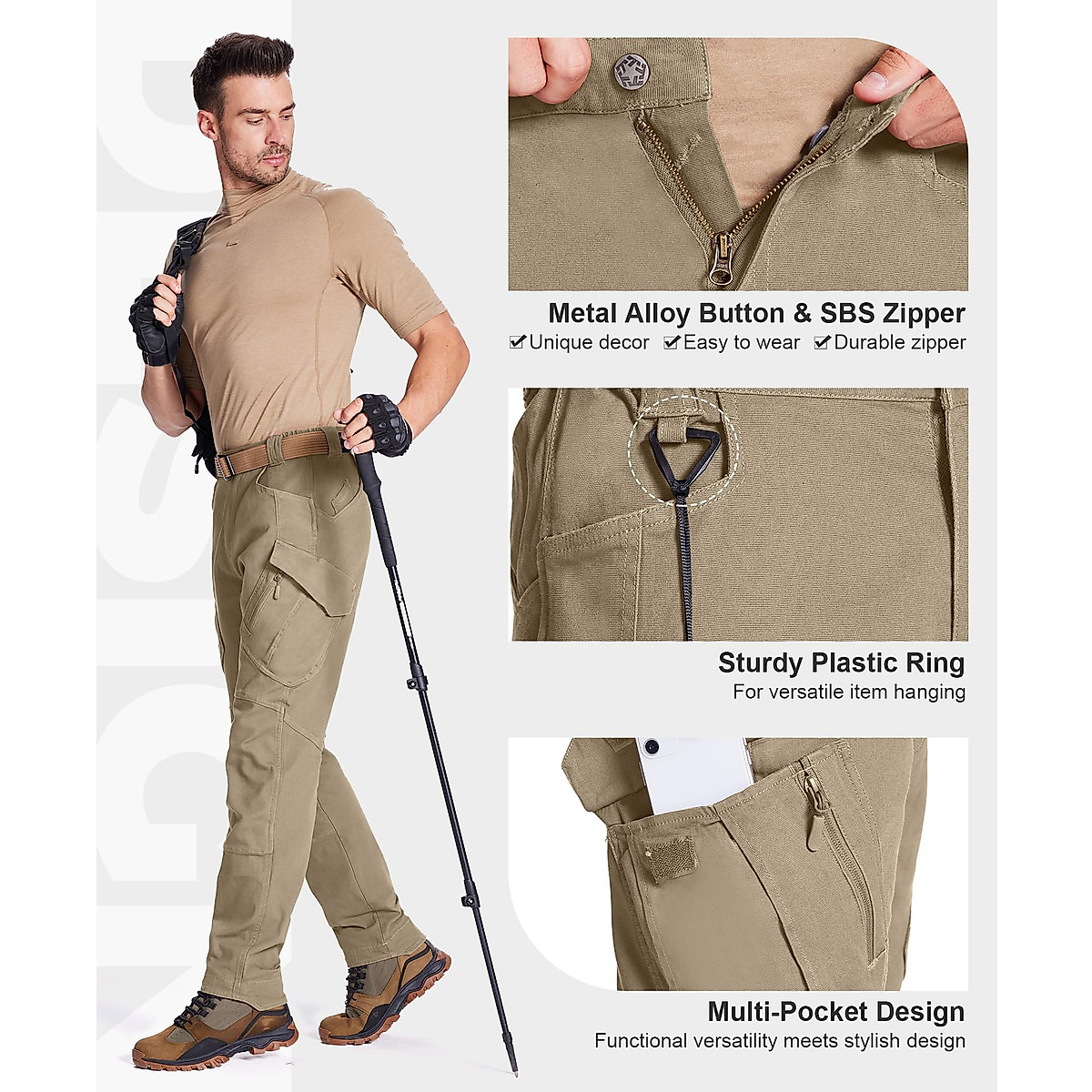 FEDTOSING Tactical Pants for Men with 9 Pockets Cotton Cargo Work Military Trousers Stretch Hiking Combat Rip-Stop Pants Khaki 38x32