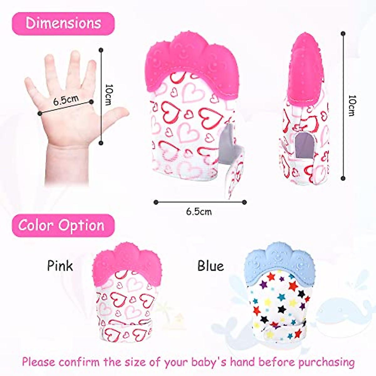2Pack Silicone Teething Mitt, Soothing Infant Teething Mitten Pain Relief, Prevent Scratches Glove, Safe Silicone Teething Toys for 0-12 Months