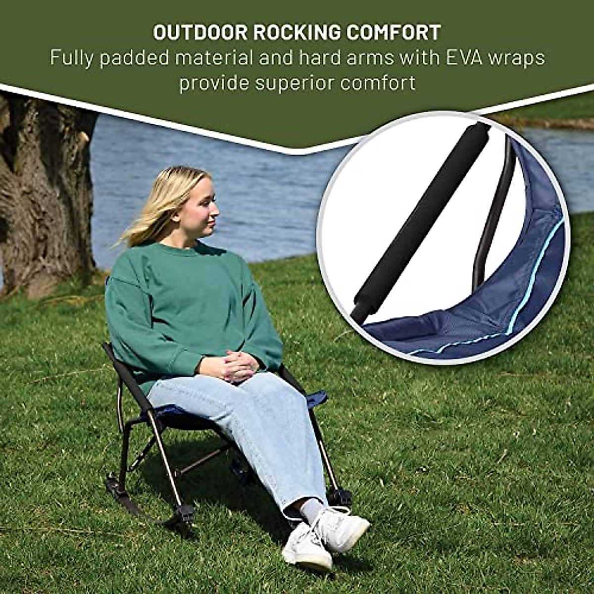 TIMBER RIDGE Folding Rocking Camping Chair with Hard Armrests, Portable Outdoor Rocker for Patio, Garden, Lawn, Supports up to 250 lbs, Blue