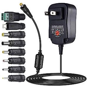 SoulBay 15W AC Adapter Universal Switching Power Supply DC 3V 4.5V 5V 6V 7.5V 9V 12V Charger with 8 Interchangeable Tips for Household Electronics, Adjutable Voltage, 1250mA Max