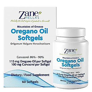 Zane Hellas Oregano Oil Softgels. Extra Strength. Every Softgel Contains 20% Greek Essential Oil of Oregano. 100 mg Carvacrol per Softgel. 60 Softgels.