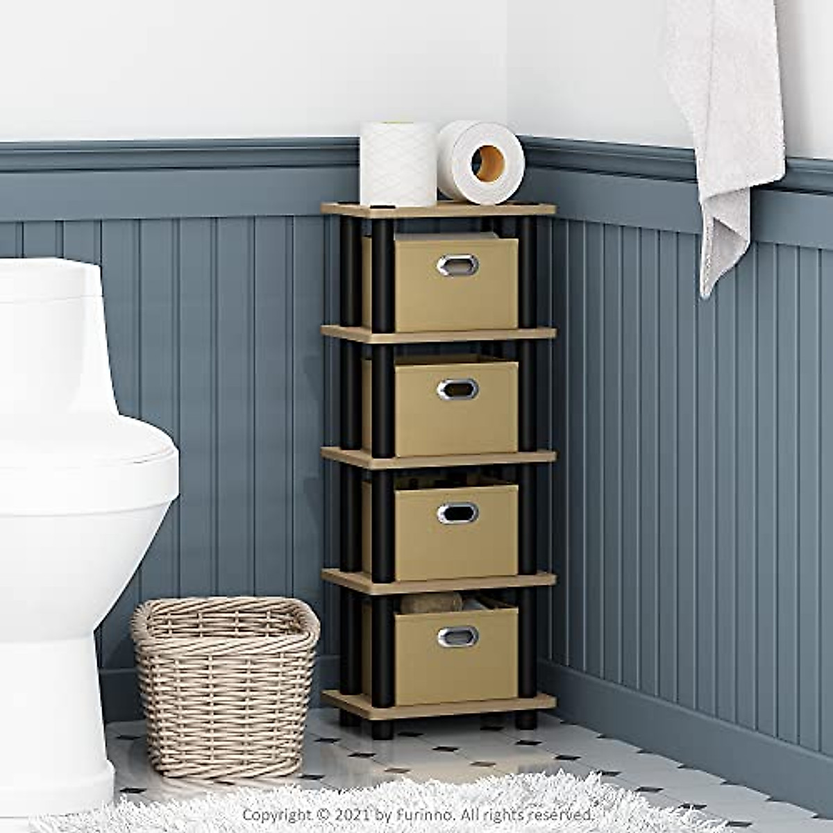 FURINNO LAci 4-Bins System Rack, Oak/Black/Light Brown