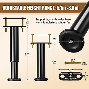2 Pcs Adjustable Bed Frame Center Support Legs, Heavy Duty Cold Rolled Steel Bed Slat Support Legs With Wider Base, Bed Frame Leg Replacement, Furniture Support Reinforcement Kit (Height 5in To 8.6in)