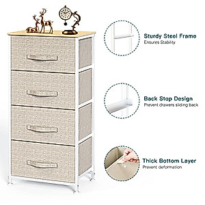 Pipishell Dresser with 4 Drawers, Tall Storage Tower with Sturdy Steel Frame Wood Top，Fabric Dresser Organizer Unit for Bedroom, Hallway, Entryway, Closets, Nursery Room
